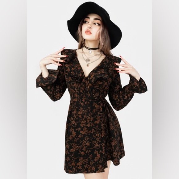 Disturbia | Dresses | Disturbia Monstera Frill Wrap Mini Dress Brown ...
